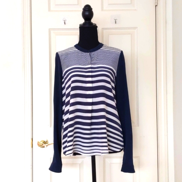 Tops | 10 Silk Navy Blue Stripes Half Hidden Snap Buttons Long Sleeve ...